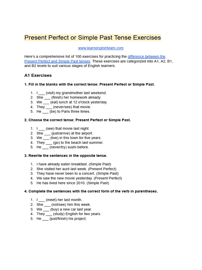 Present Perfect or Simple Past Tense Exercises | PDF | Perfect (Grammar ...