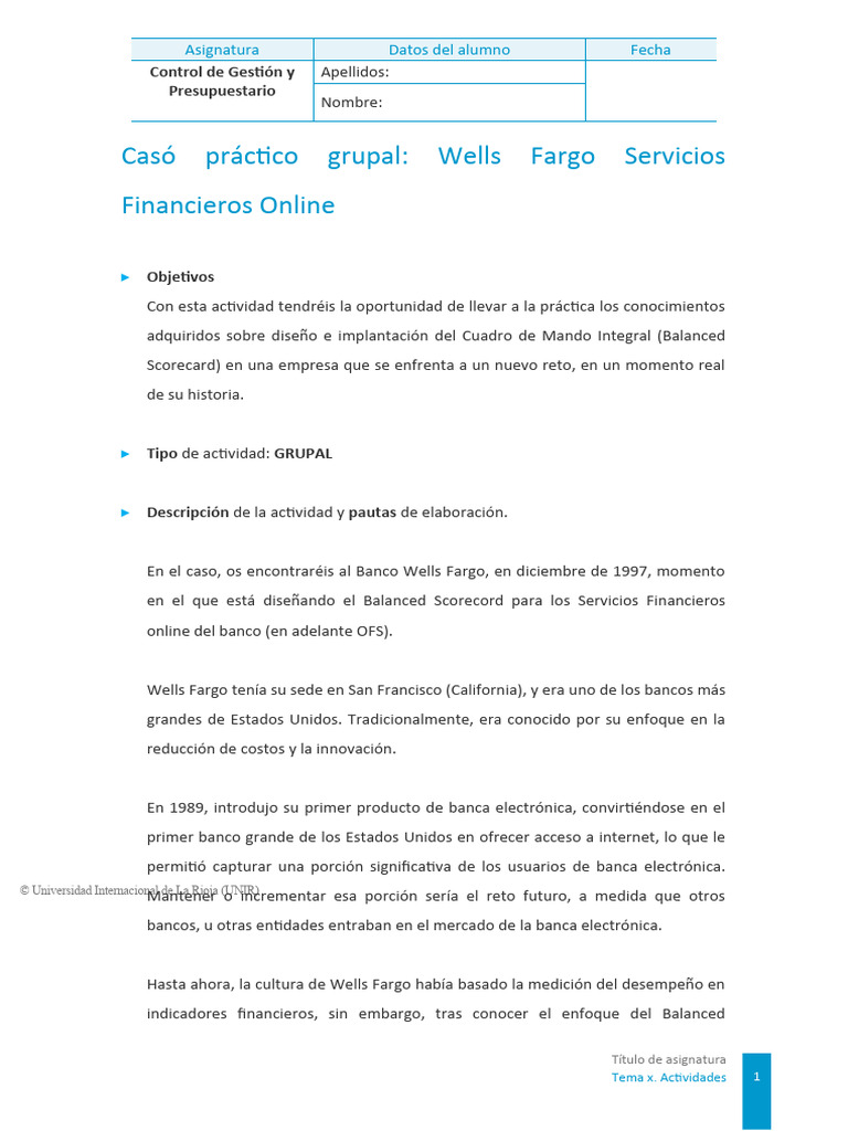 Balanced Scorecard en Wells Fargo | PDF