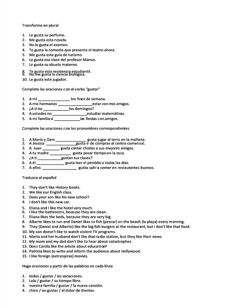 Ejercicios Del Verbo Gustar | PDF