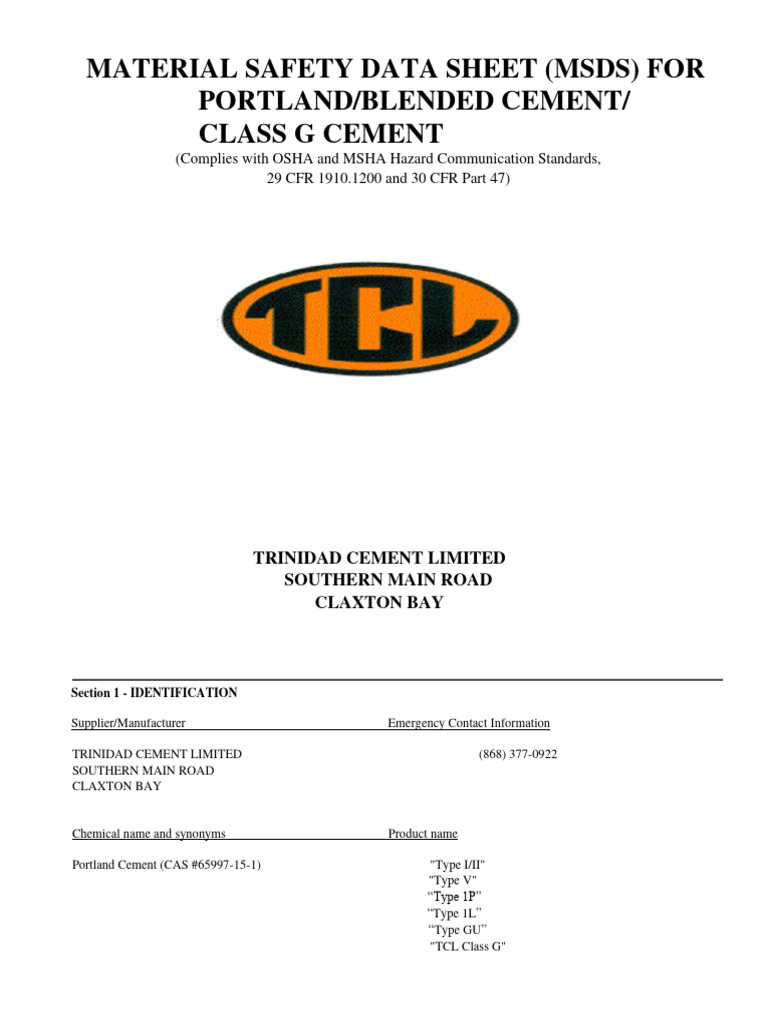 TCL-CEMENT-MSDS | Download Free PDF | Cement | Silicon Dioxide