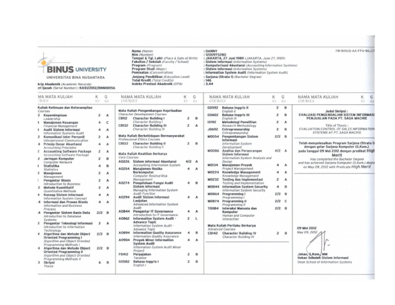 Transkrip Nilai S1 | PDF