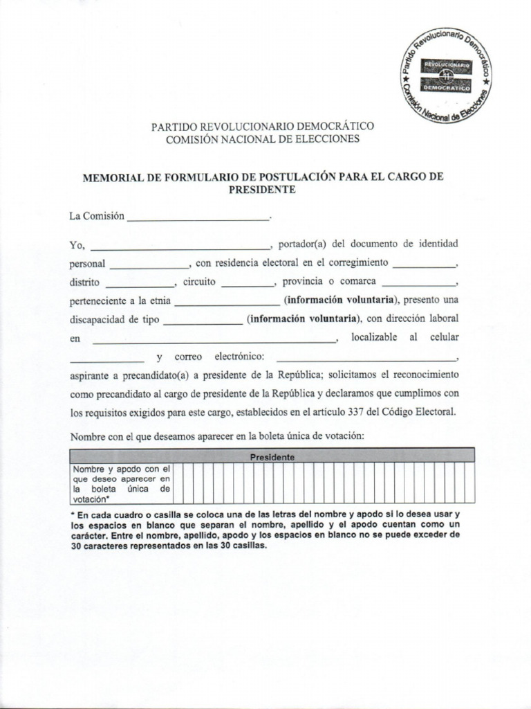 PRD CNE Formulario Postulacion Presidente 2023 Corregido | PDF