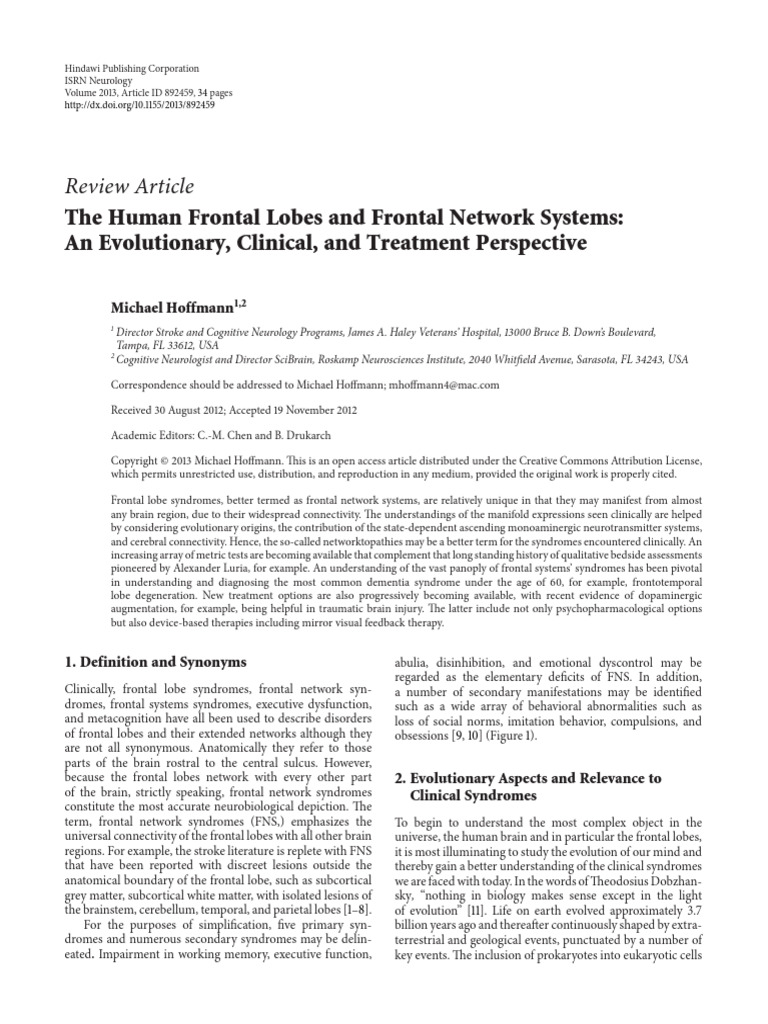 The Human Frontal Lobes and Frontal Network Systems: An Evolutionary, Clinical, and Treatment ...