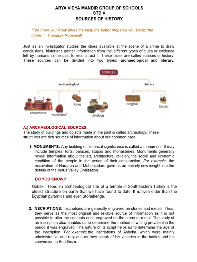 SOURCES OF HISTORY NTB Handout - Std. 5 | PDF | Archaeology | Vedas
