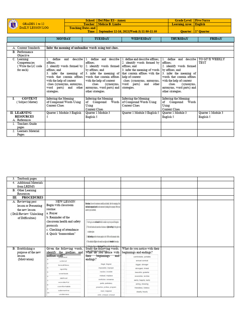 Dll-Q1-Week 3-Eng-5 | PDF | Word | Learning