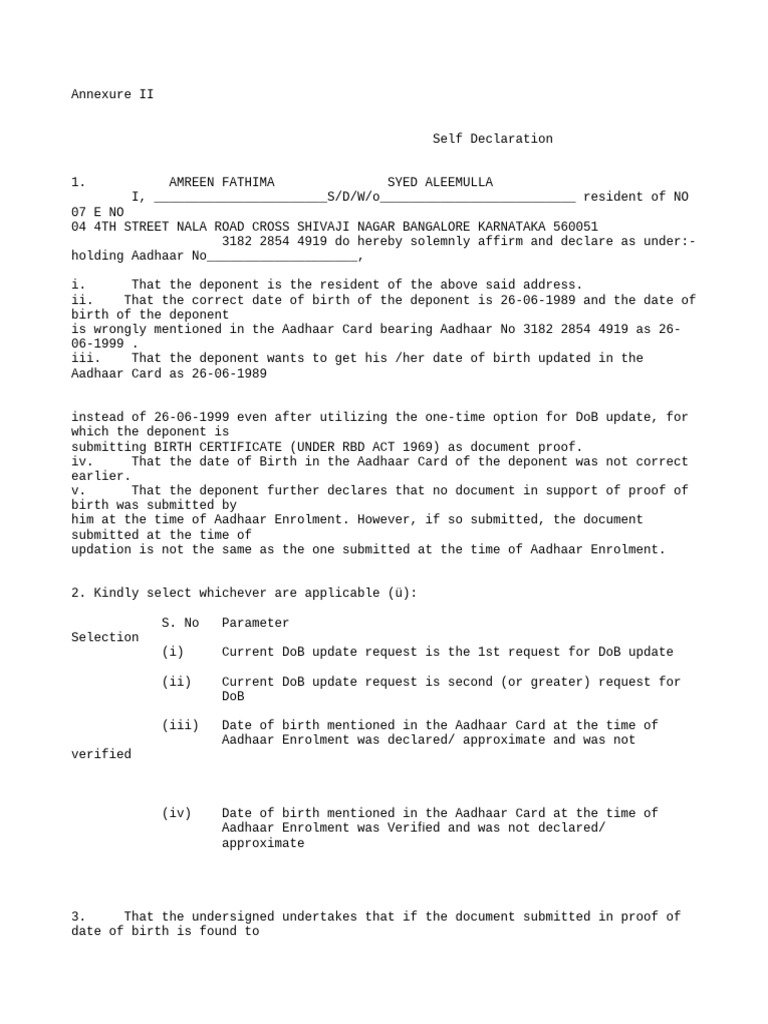 Self Declaration DOB | PDF