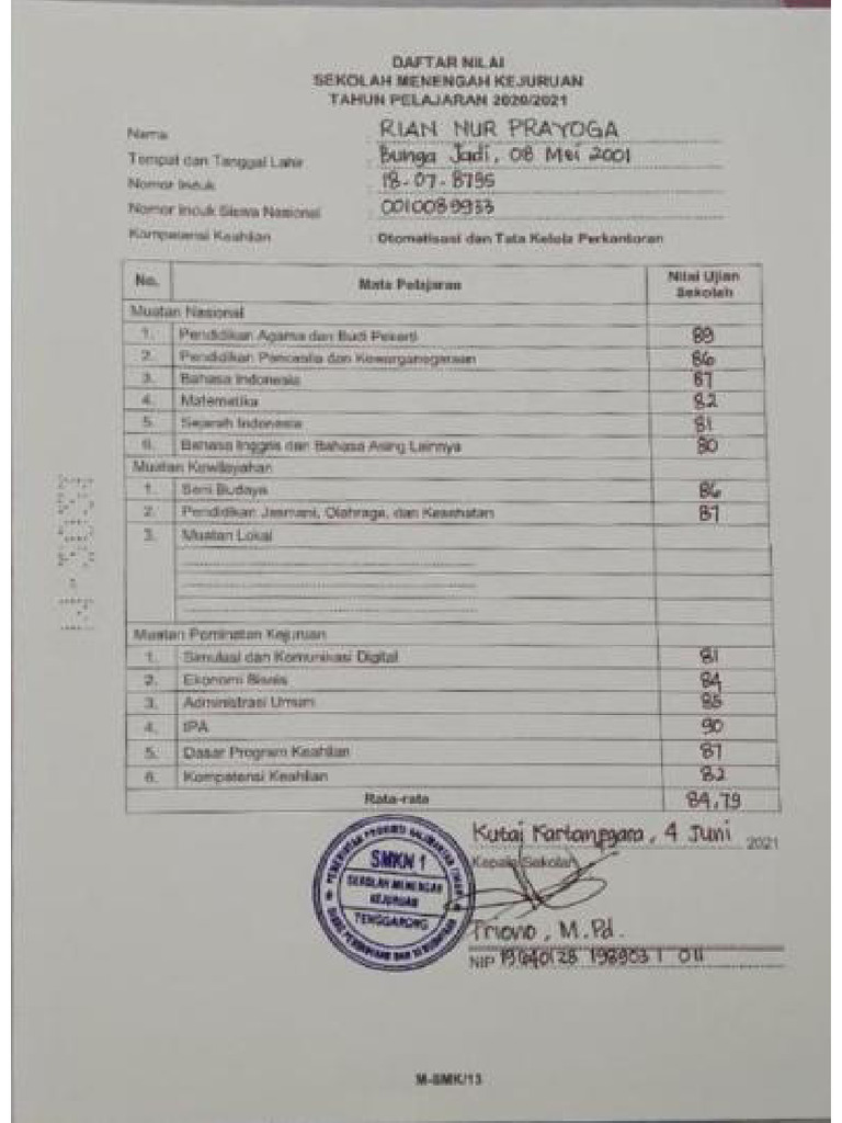 Rian Nur Prayoga - Nilai Ujian Nasional | PDF