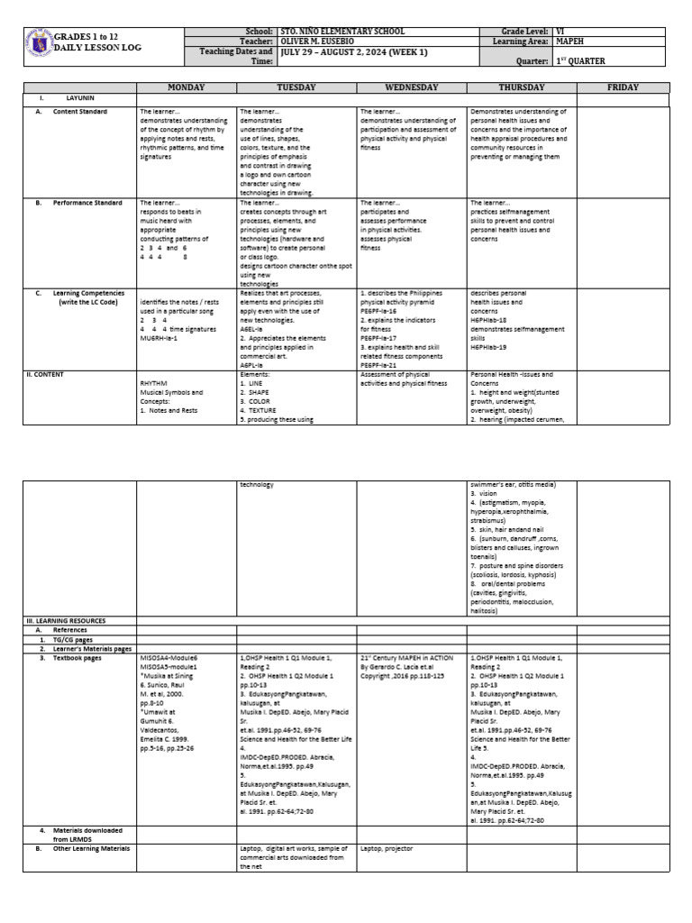 DLL - Mapeh 6 - Q1 - W1 | PDF | Learning | Teachers