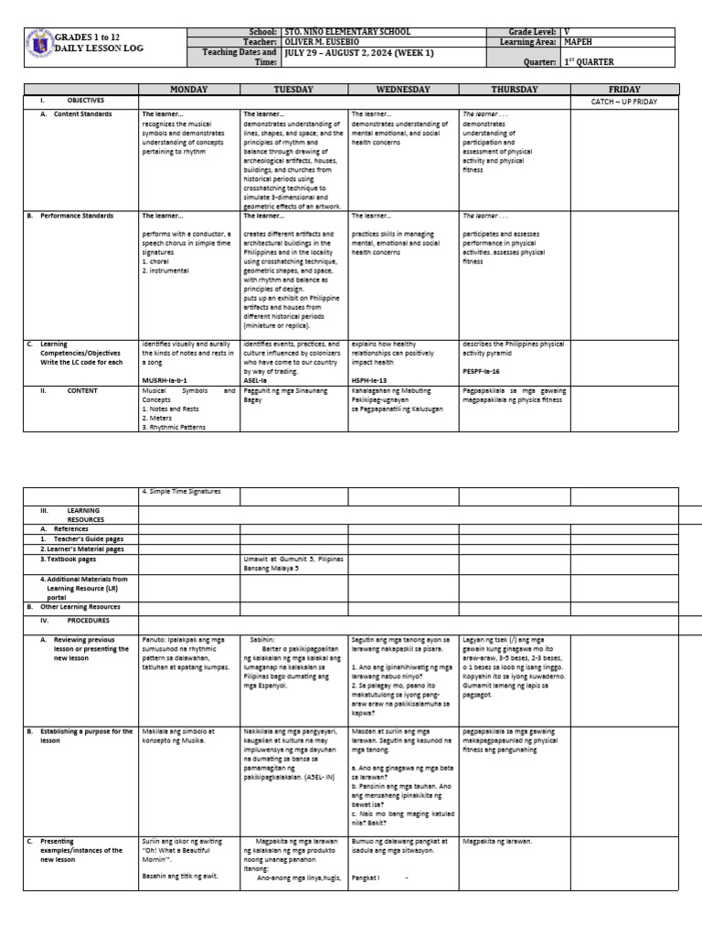 DLL - Mapeh 5 - Q1 - W1 | PDF