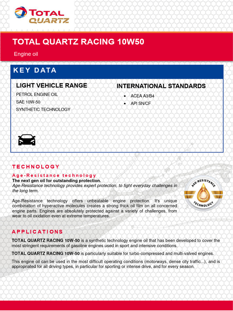 5ec3a4df4d452c53a39225fb - QUARTZ RACING 10W-50 (TDS) | PDF | Motor Oil ...