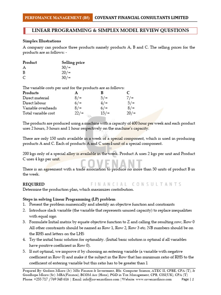 Linear Programming Simplex Model Review Questions | PDF | Linear ... Linear Programming Simplex Model Review Questions | PDF | Linear ...
