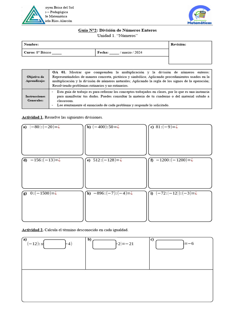 (Tema 02) Guía N°2 - División de Números Enteros | PDF | Entero ...