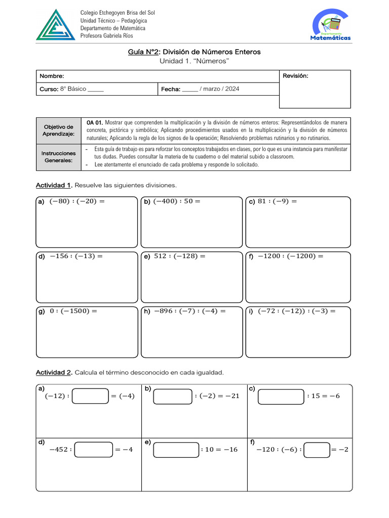 Guía de División de Números Enteros | PDF | Entero | Matemáticas