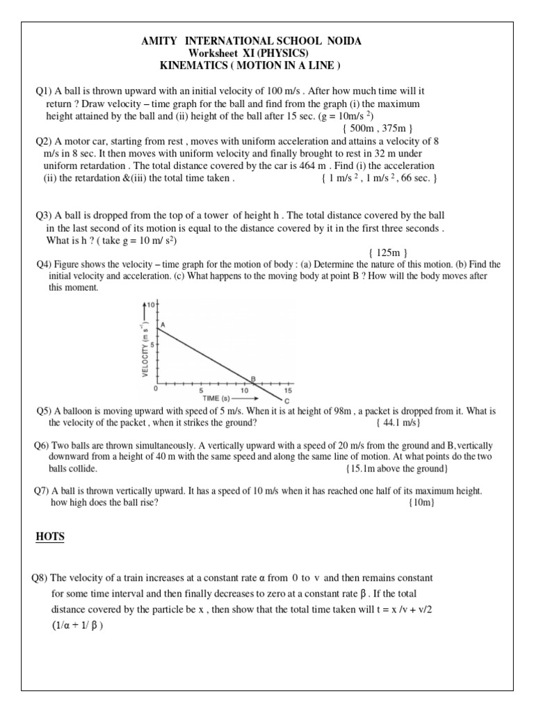 Worksheet XI Motion in Straight Line | PDF | Acceleration | Velocity