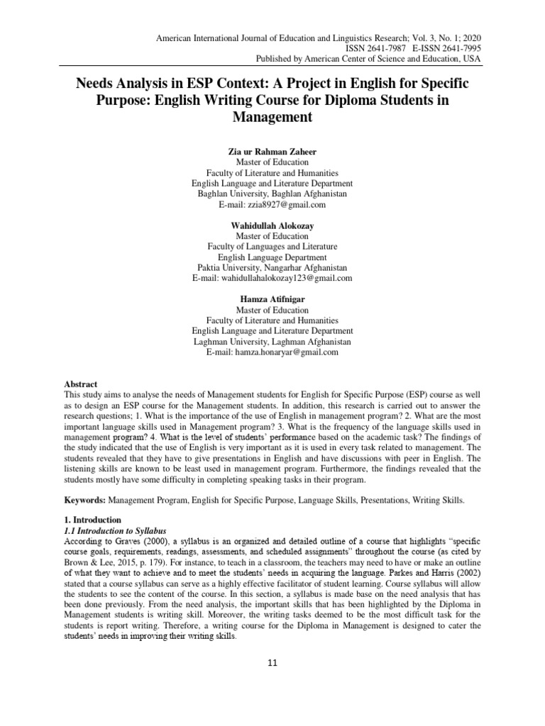 Needs Analysis in ESP Context A Project | PDF | Questionnaire ...