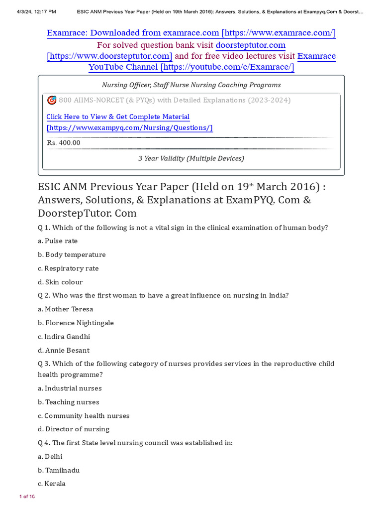ESIC ANM Previous Year Paper Held On 19th March 2016 Part 1 | PDF ...
