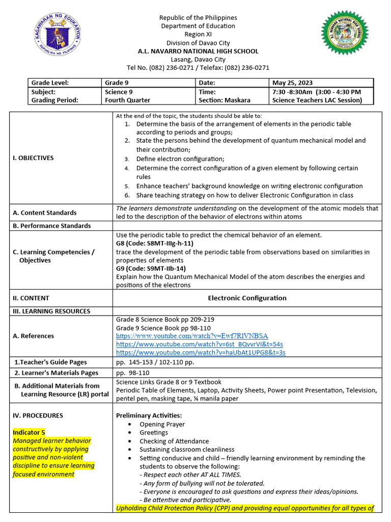 COT Lesson Plan Demo - LAC (Electronic Configuration)_032132 | Download Free PDF | Periodic ...