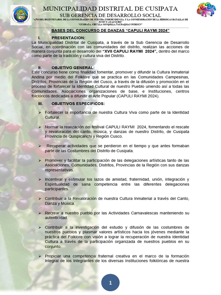 Bases de Capuli Raymi 2024 | PDF | Bailes | Coreografía