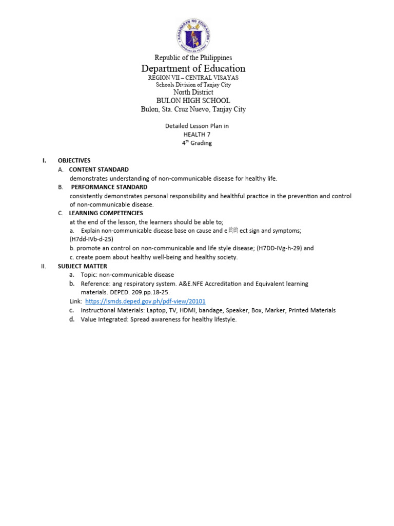 Health 7 Lesson Plan: Non-Communicable Diseases | PDF | Chronic ...