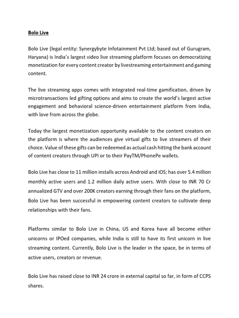 Bolo Live: India's Leading Streaming Platform | PDF | Service ...