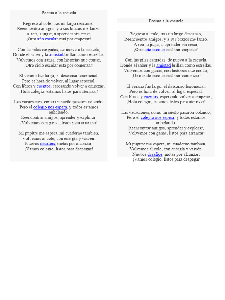 Poema sobre el regreso a la escuela | PDF | Artes del Lenguaje y ...