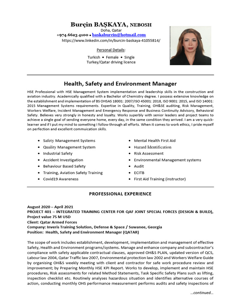 Burcin Baskaya HSE Manager CV 2021 | PDF | Occupational Safety And ...