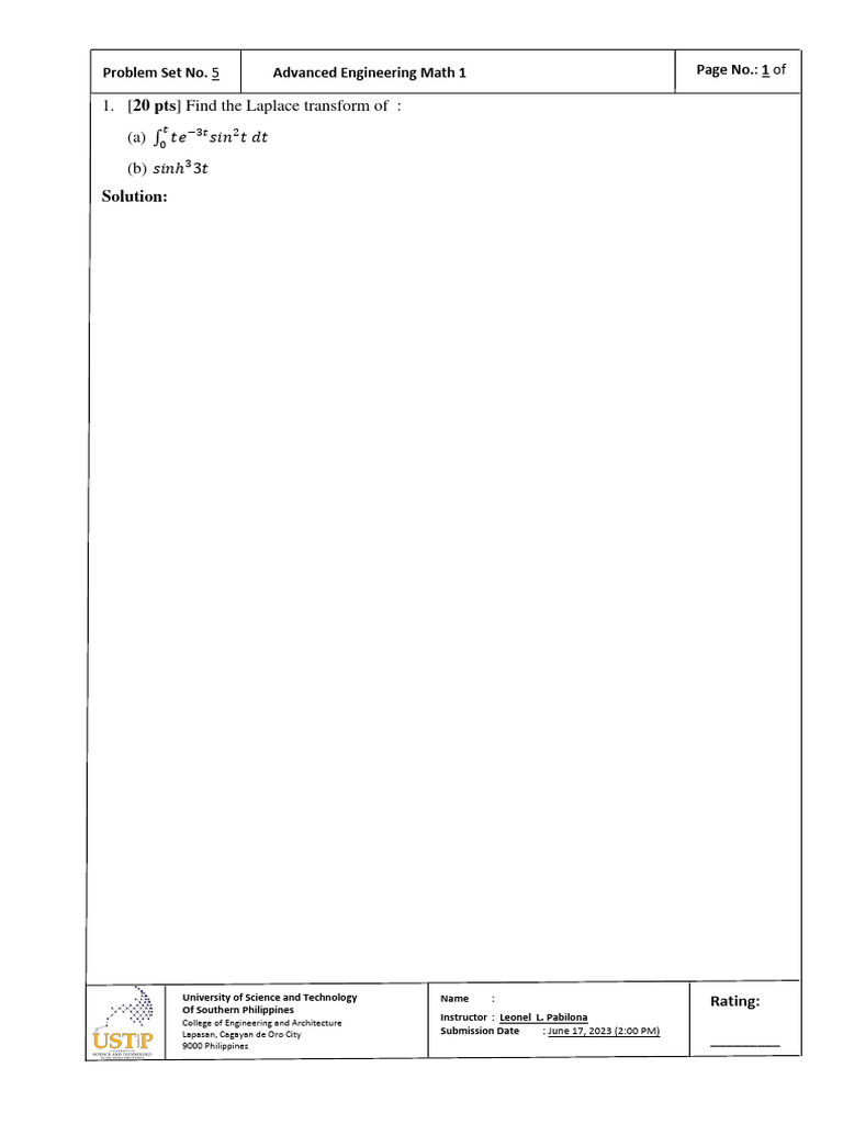 Prob Set No.5 (Advanced Engg Math 1 ME 504) 2023 | PDF | Fourier Series | Electrical Engineering