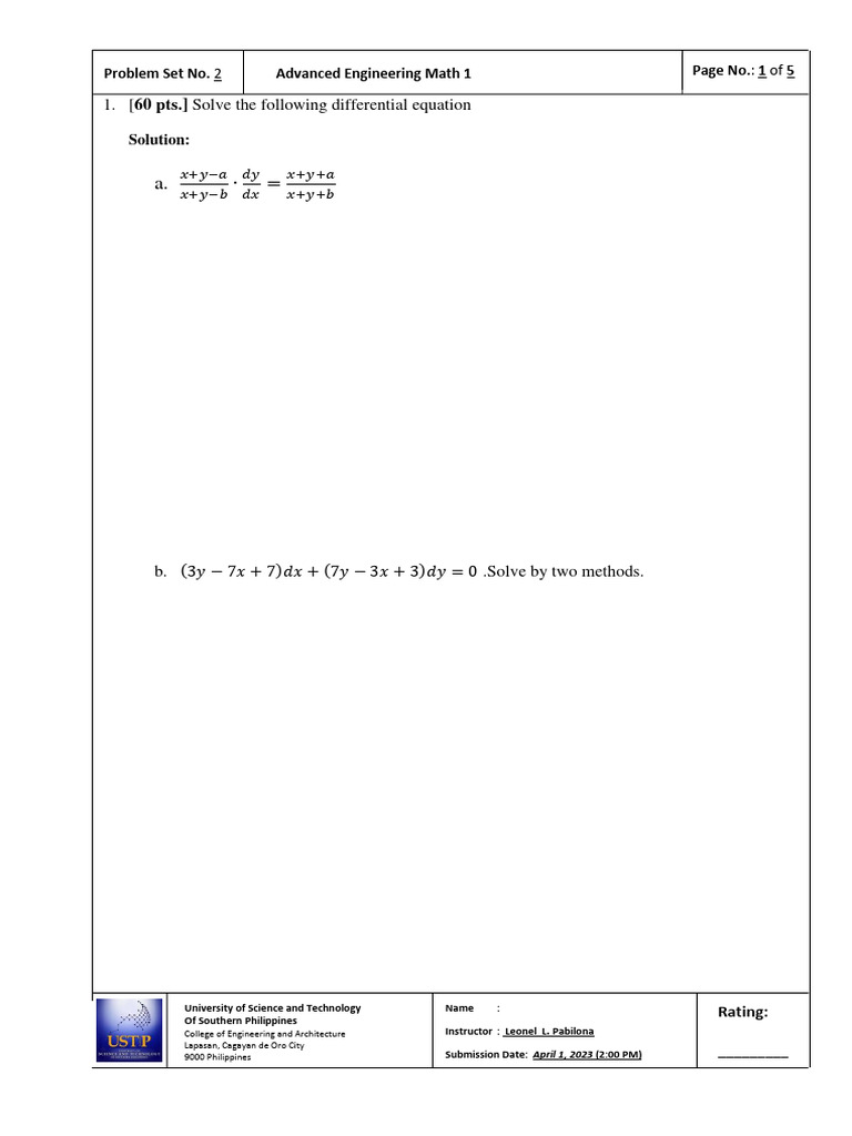 Advanced Engineering Math Problem Set 2 | PDF | Equations | Mathematics