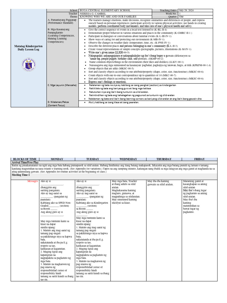 Kindergarten DLL MATATAG Q1 Week 1 | PDF