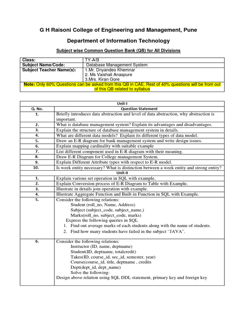 DBMS Que. Bank | PDF | Sql | Databases