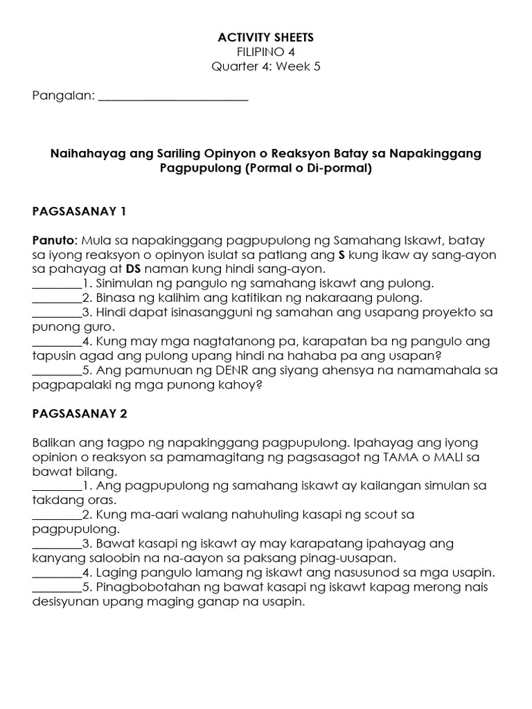 FILIPINO 4 Activity Sheet Q4 W5 | PDF