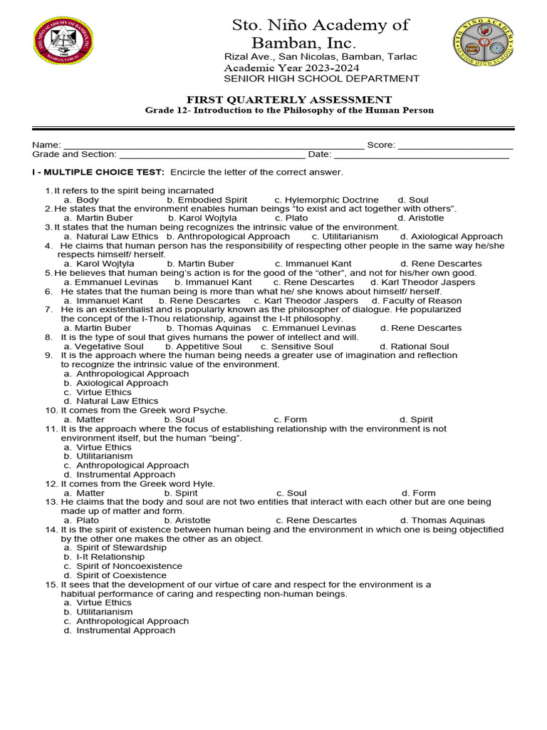 Grade 12 Philosophy Exam Questions | PDF | Soul | Reason