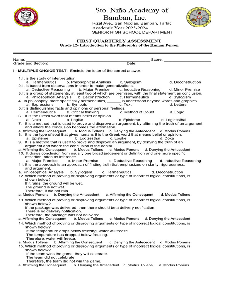 Grade 12 Philosophy Assessment 2023 | PDF | Argument | Logic