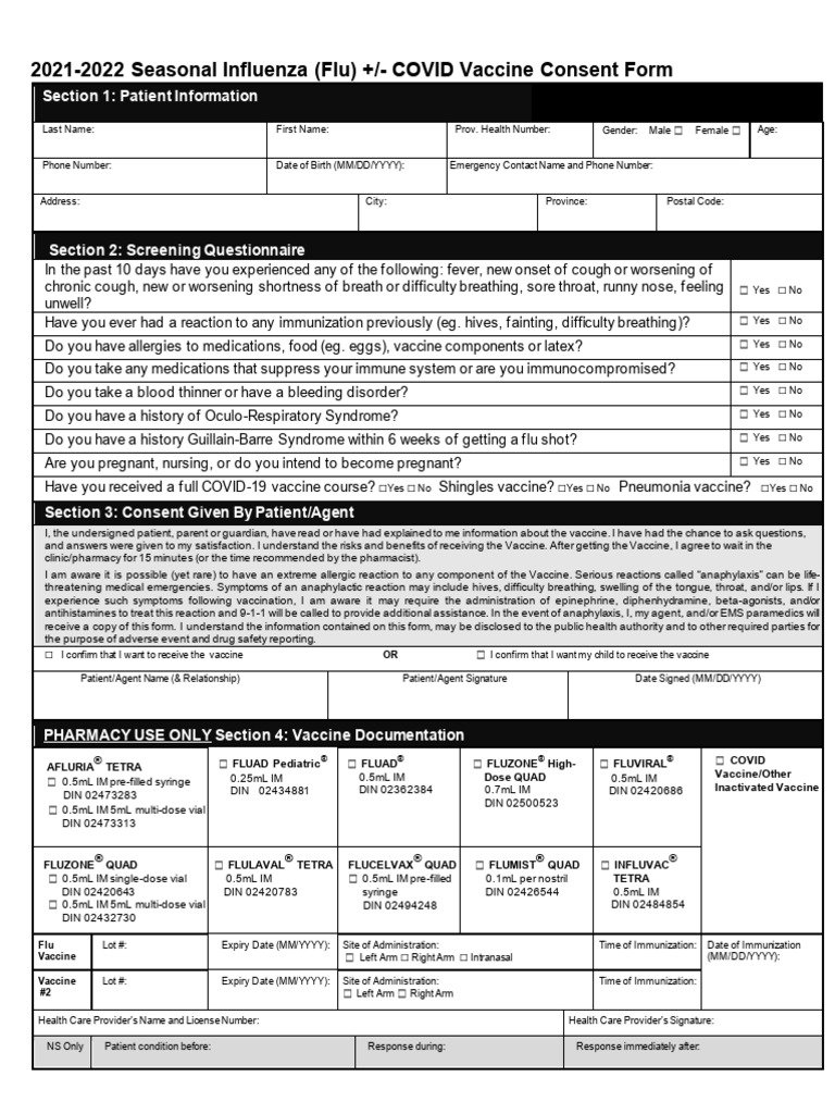 Combined Flu and Covid Vaccination Form | PDF | Influenza Vaccine ...