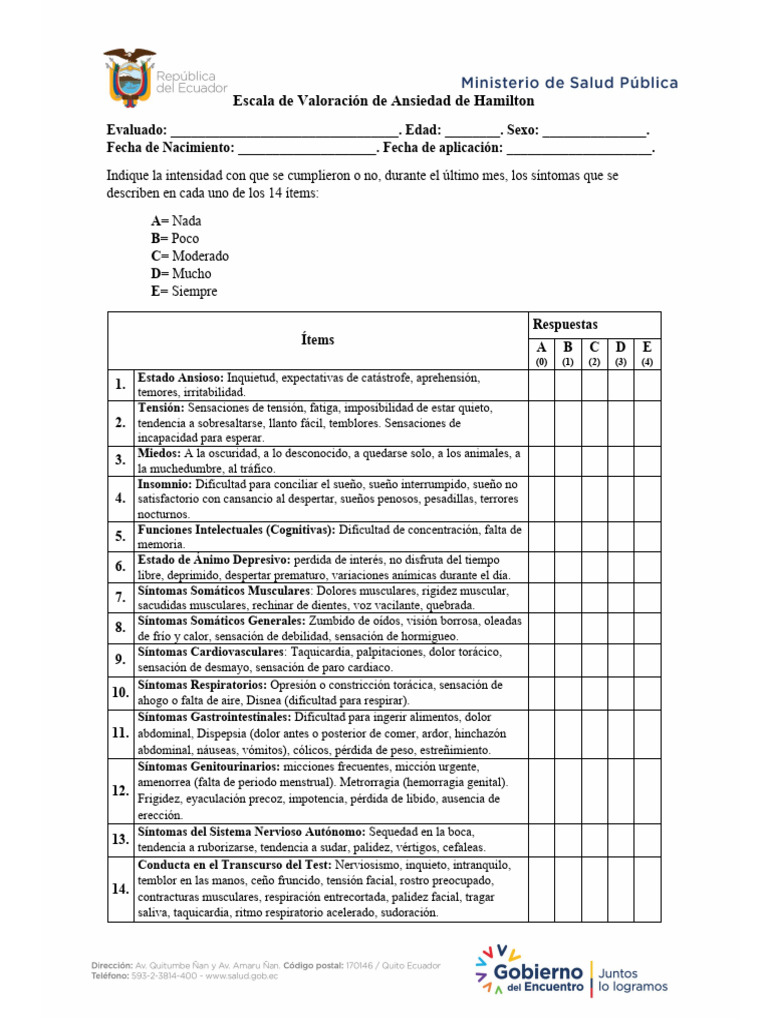 Escala de Valoración de Ansiedad de Hamilton | PDF | Ansiedad ...