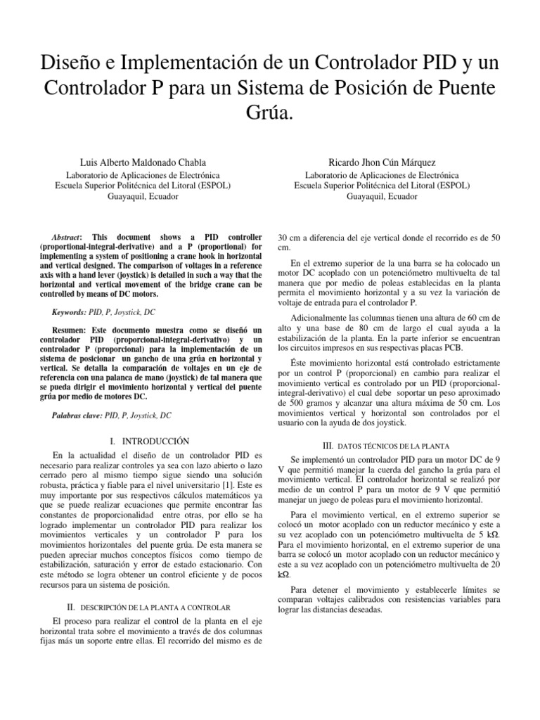 Borrador Paper Proyecto Grúa Control Pid P | PDF | Corriente eléctrica | Amplificador