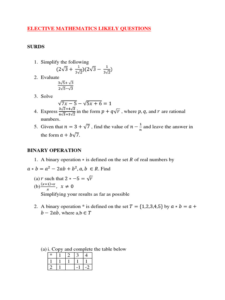 Elective Mathematics Exam Questions | PDF | Matrix (Mathematics) | Force
