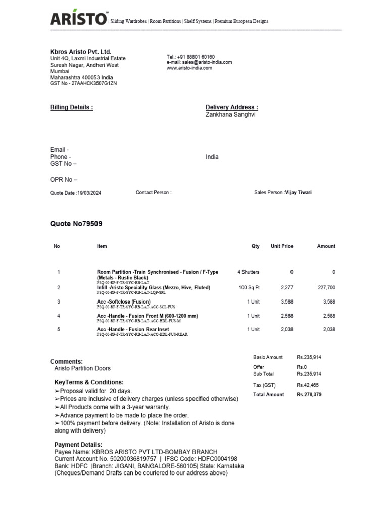 Room Partition Quote from Aristo | PDF | Payments | Money