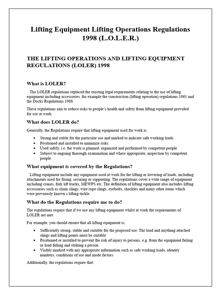 LOLER 1998: Lifting Equipment Safety Regulations | PDF