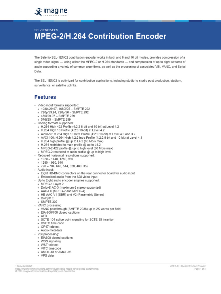 SEL-1ENC2-EES - Selenio Media Convergence Platform MCP - MPEG-2H264 ...