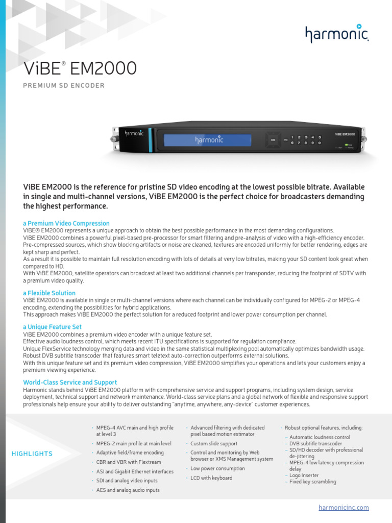 Datasheet Harmonic Premium SD Encoder ViBE EM2000 | PDF | Data Compression | Information And ...