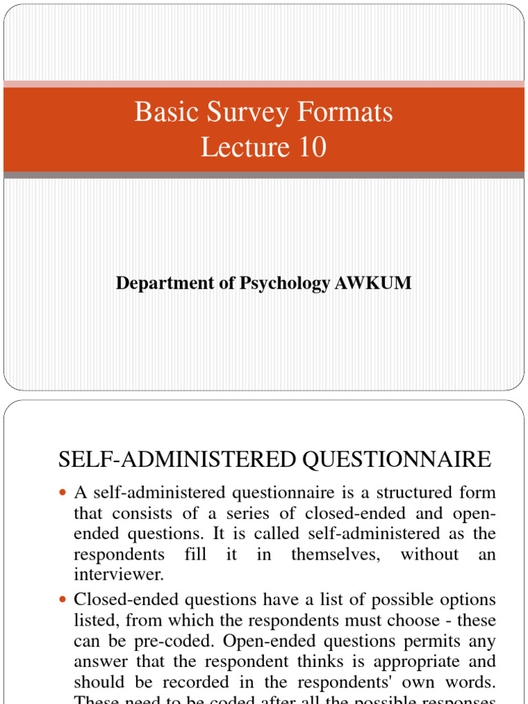Lecture 10 Basic Survey Formats | PDF | Questionnaire | Survey Methodology