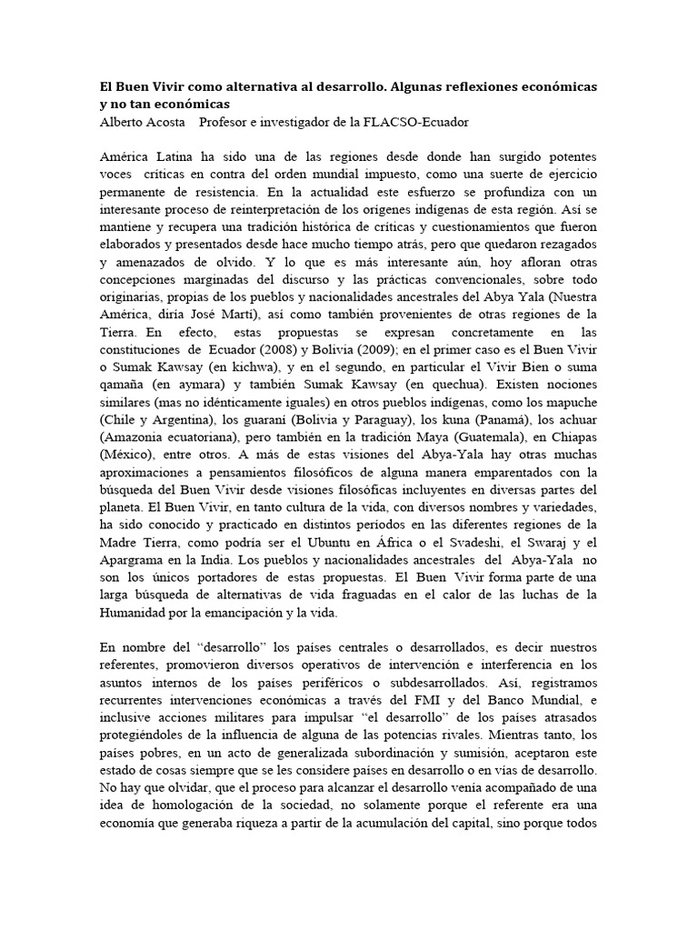 El Buen Vivir Como Alternativa Al Desarrollo | PDF | Economias
