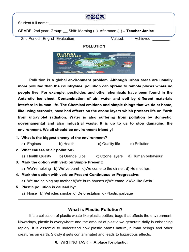 Prova 2 Ano 2o Ciclo - Língua Inglesa - Professora Janice | PDF | Pollution | Natural Environment