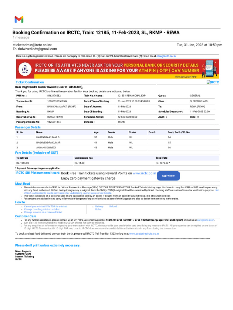 Gmail - Booking Confirmation On IRCTC, Train - 12185, 11-Feb-2023, SL, RKMP - REWA | PDF ...