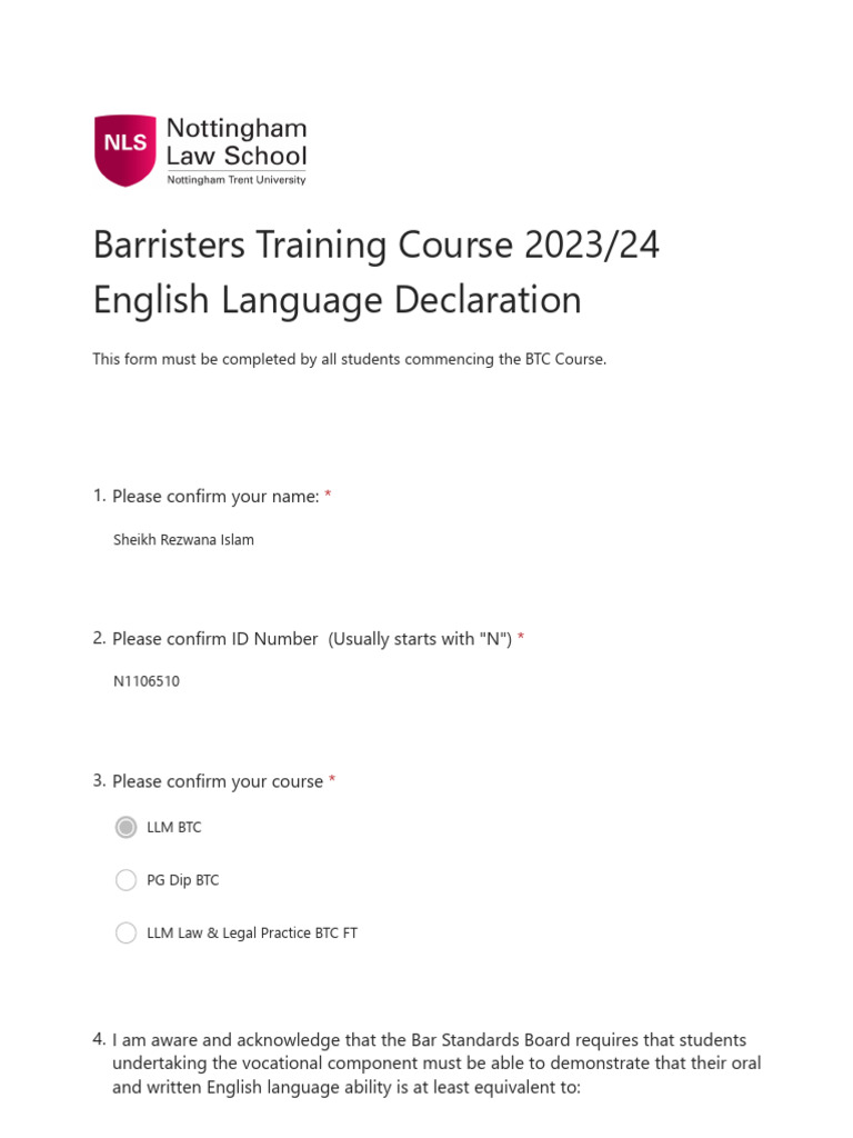 Barristers Training Course 2023 - 24 English Language Declaration | PDF ...