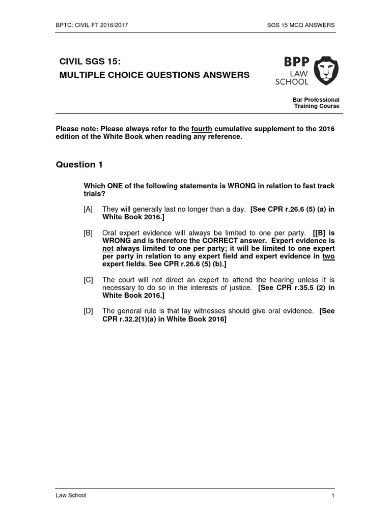 Civil SGS 15 MCQ Answers FT 16-17 | PDF | Deposition (Law) | Witness