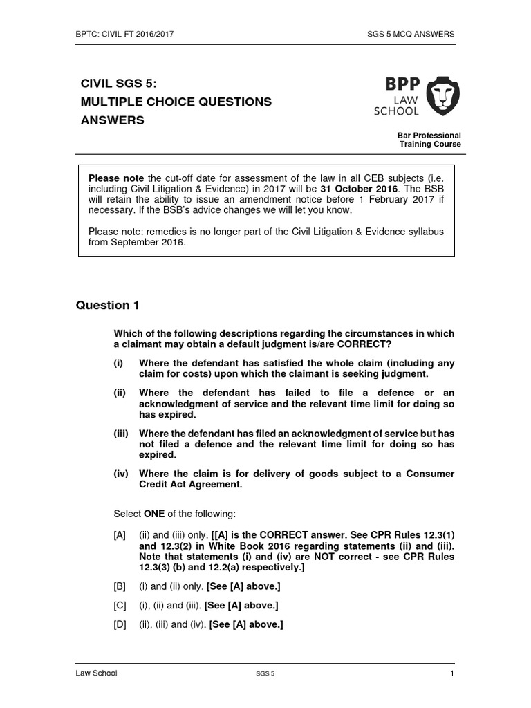 Civil SGS 5 MCQ Answers 16-17 | PDF | Default Judgment | Judgment (Law)