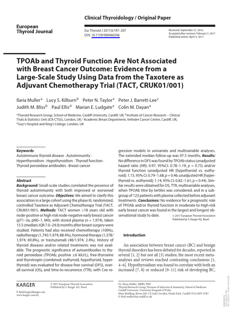TPOAb and Thyroid Function Are Not Associated With Breast Cancer ...