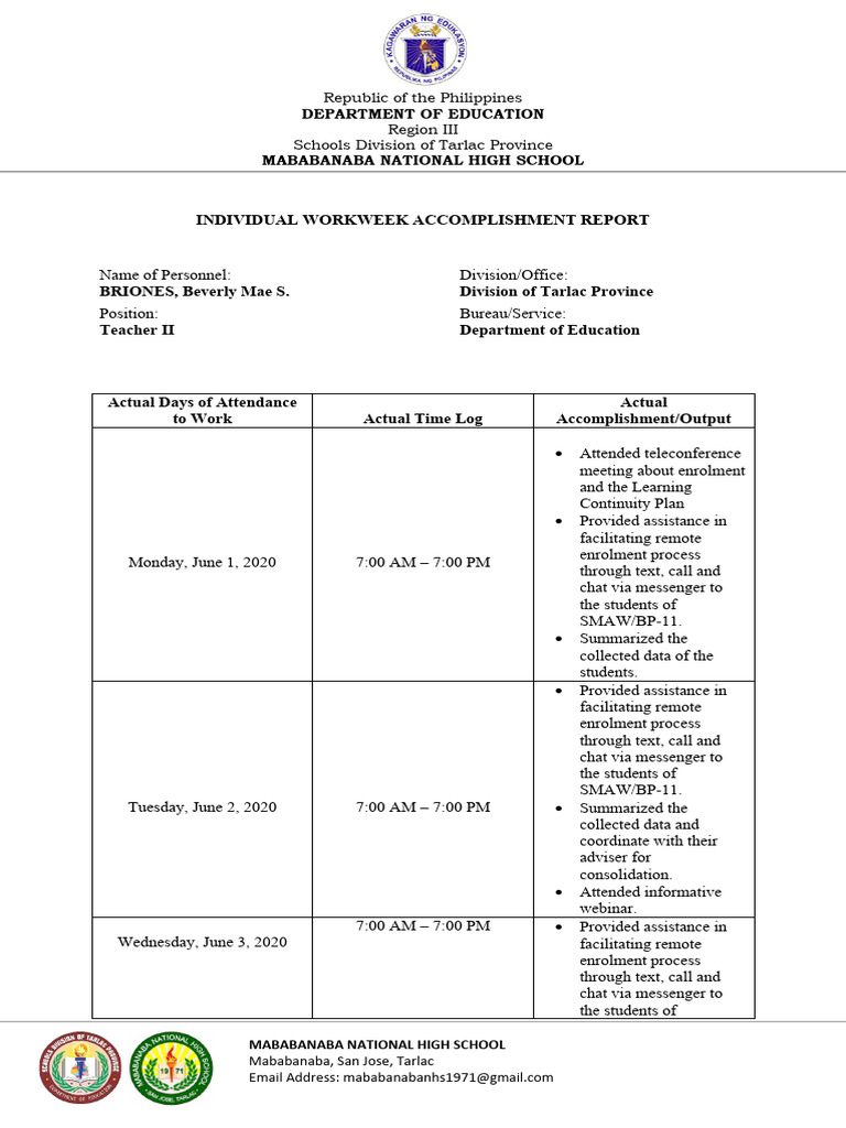 Individual Workweek Accomplishment Report - Beverly | PDF